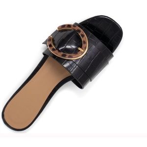 Shoes | Black Croc Slides With Tortoise Shell Buckle | Poshmark